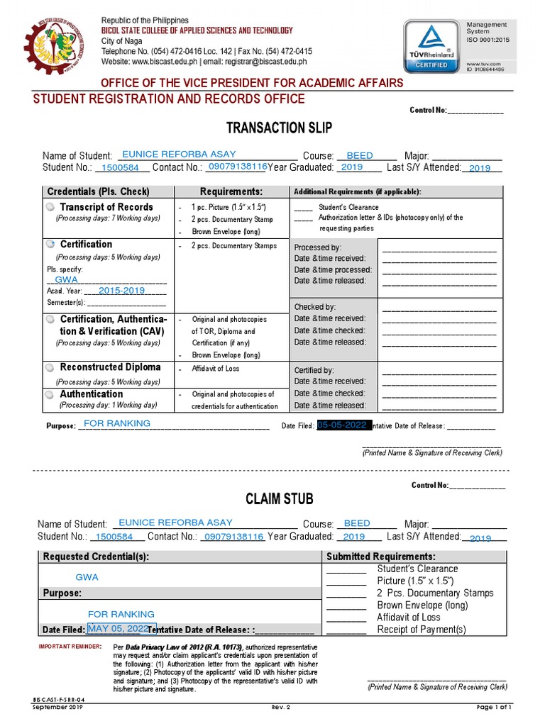 Biscast-F-Srr-04 Biscast Transaction Slip | PDF