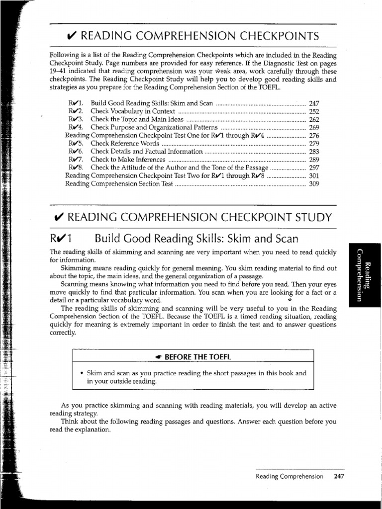 Reading Comprehension Checkpoints Part 1. Reading Skills Skimming and ...
