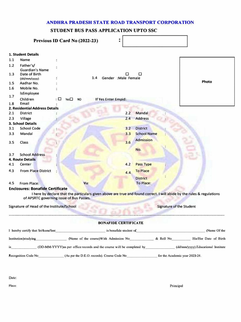 Andhra Pradesh Student Bus Pass Form | PDF | Government And Personhood ...
