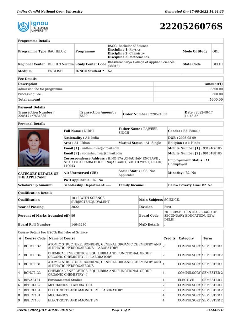 Ignou Application Form | PDF | Chemistry | Organic Chemistry