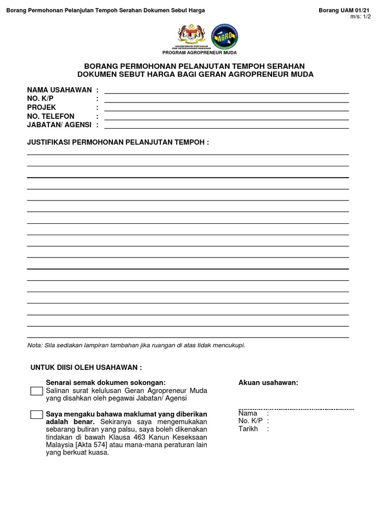 Lampiran 6 - Borang Permohonan Pelanjutan Tempoh Serahan Dokumen Sebut Harga Bagi Geran ...