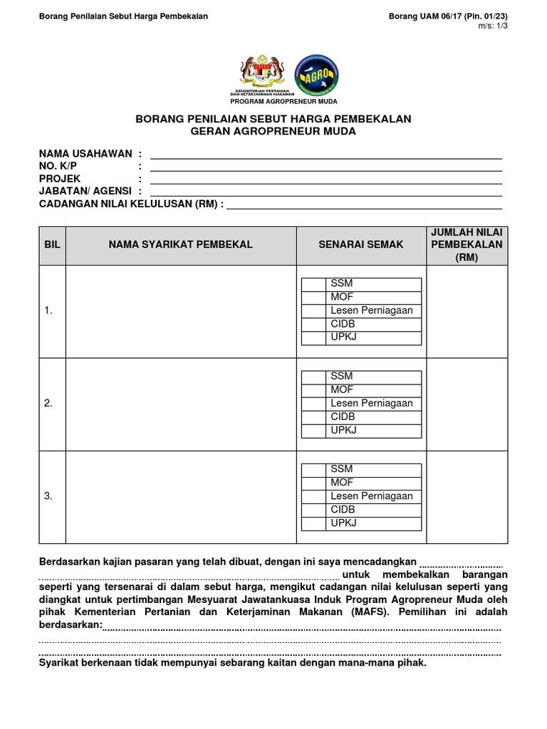 Lampiran 7 - Borang Penilaian Sebut Harga Pembekalan Geran Agropreneur ...