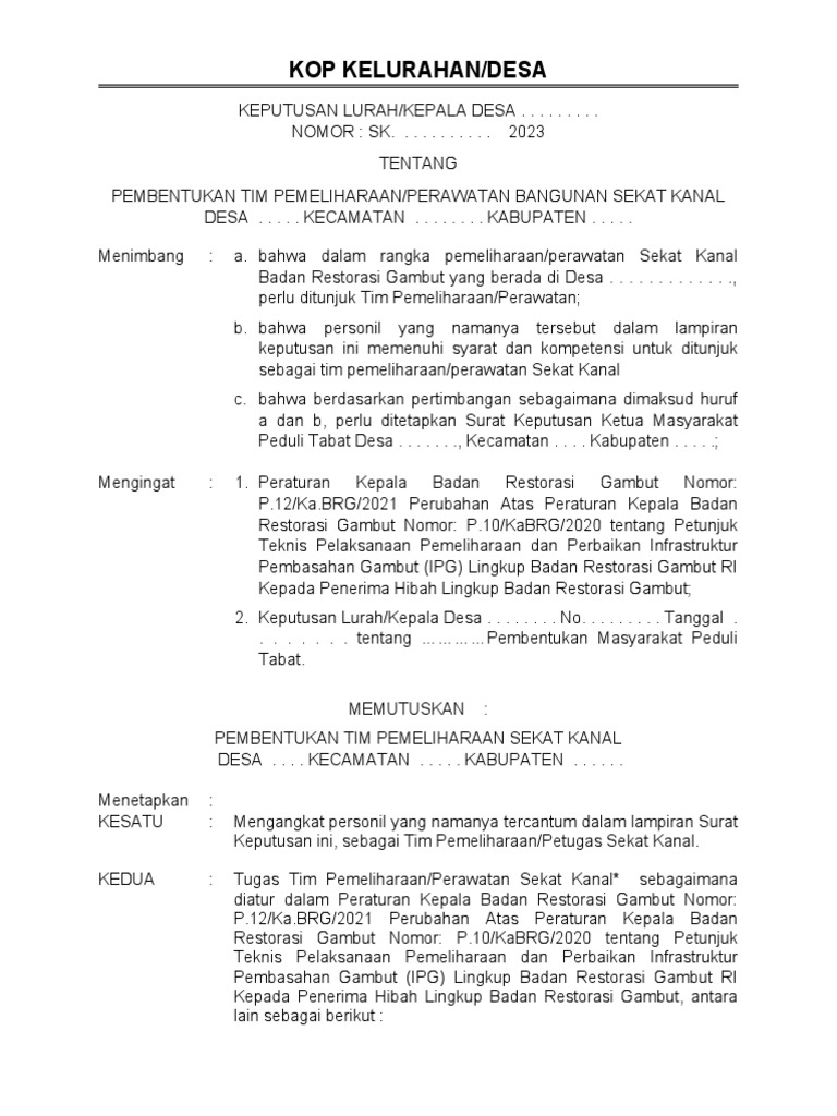 Draft SK Tim Dan Surat Pernyataan Pemeliharaan Sekat Kanal 2023 | PDF