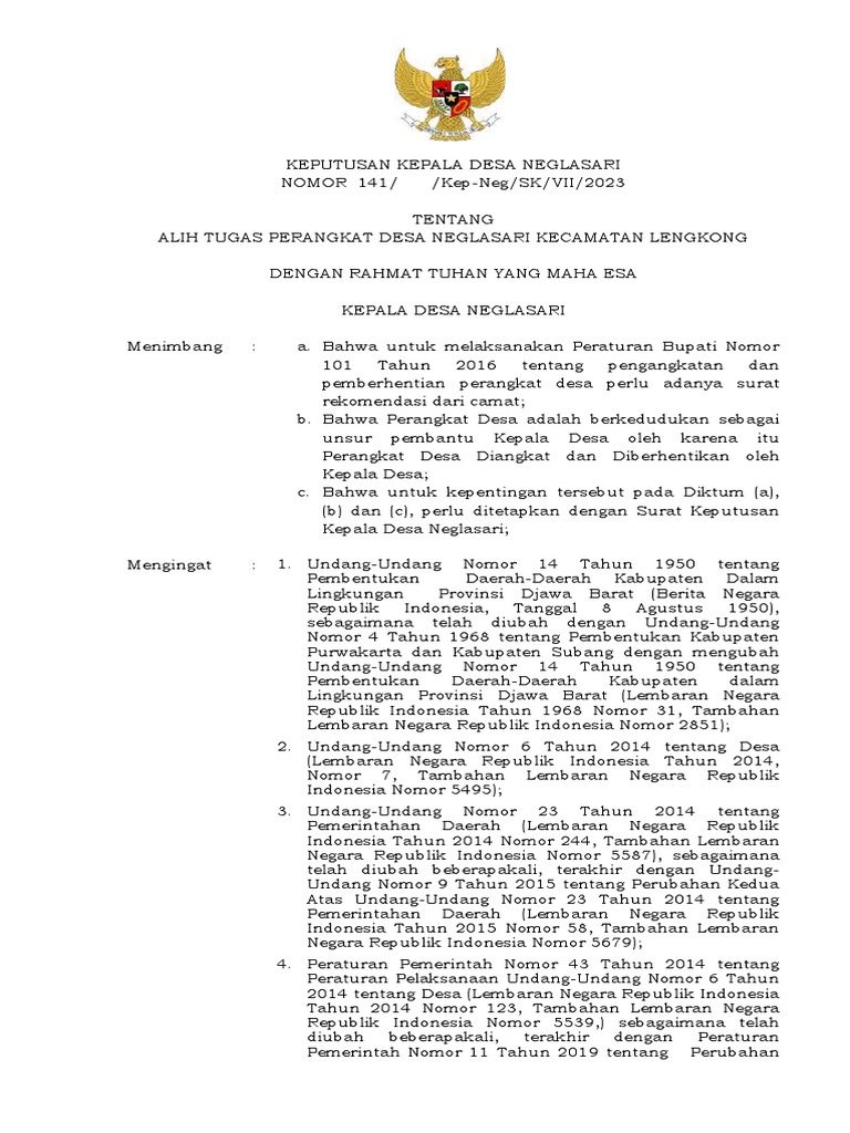 SK Alih Tugas Perangkat Desa 2023 | PDF