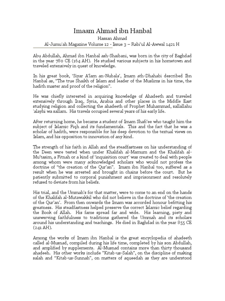 Imam Ahmad ibn Hanbal: A Biography Detailing His Life, Education ...