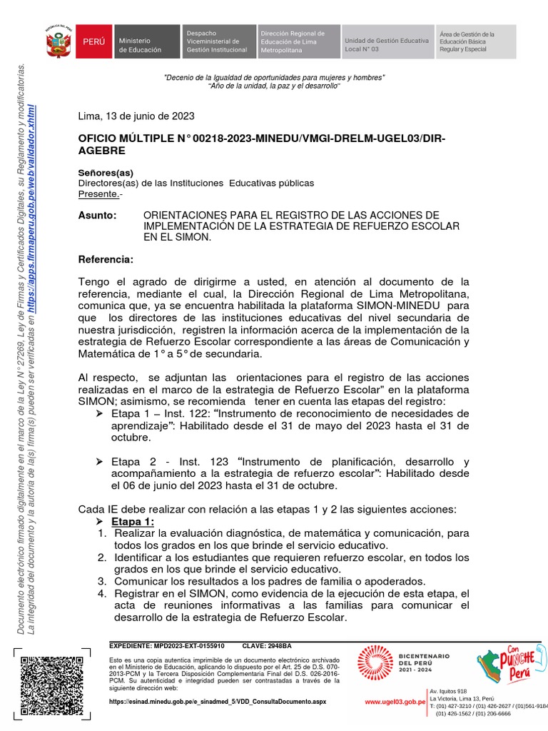 15 06 23 Oficio - Multiple 00218 2023 Minedu Vmgi Drelm Ugel03 Dir ...