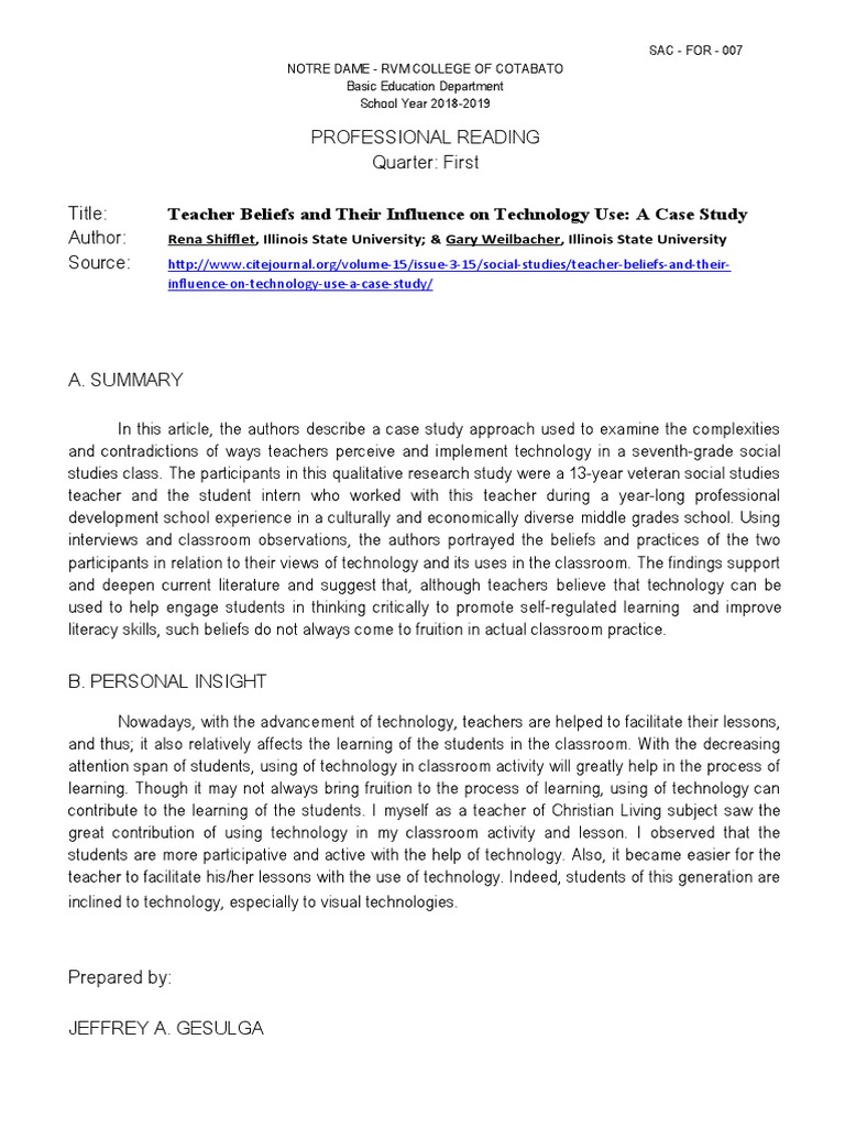 Professional Reading 1 | PDF | Teachers | Classroom