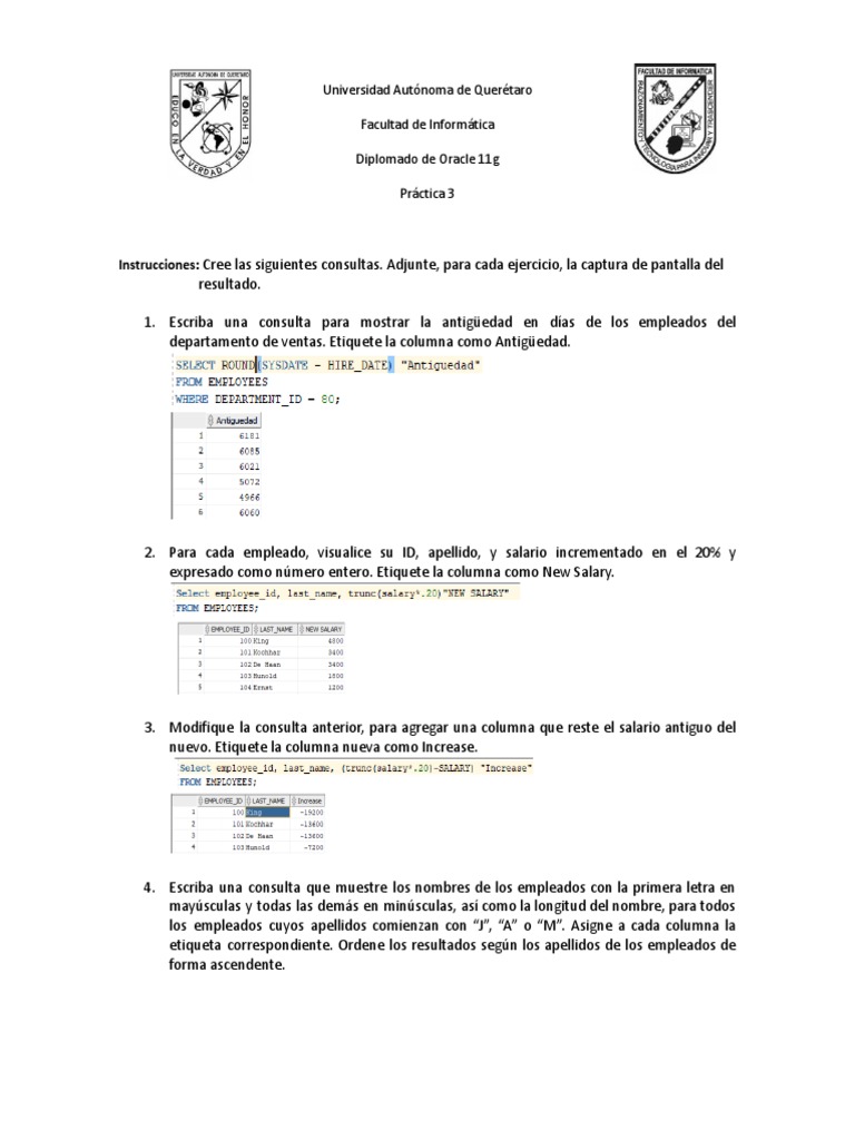 Práctica 3 Diplomado de Oracle. | PDF