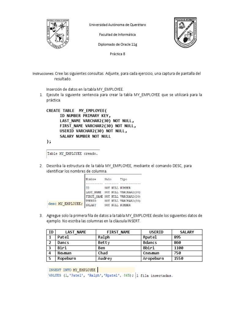 Práctica 8 Diplomado de Oracle | PDF | Informática | Gestión de datos