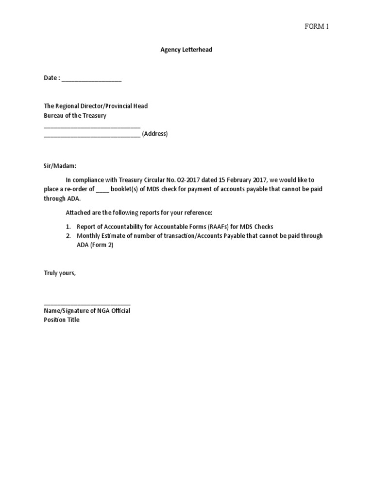 2 Form 1 Letter Request For MDS Check Re Order | PDF