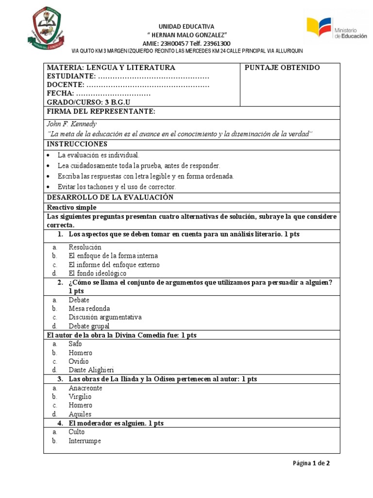 Diagnostico de 3 Bgu Lengua y Literatura | PDF