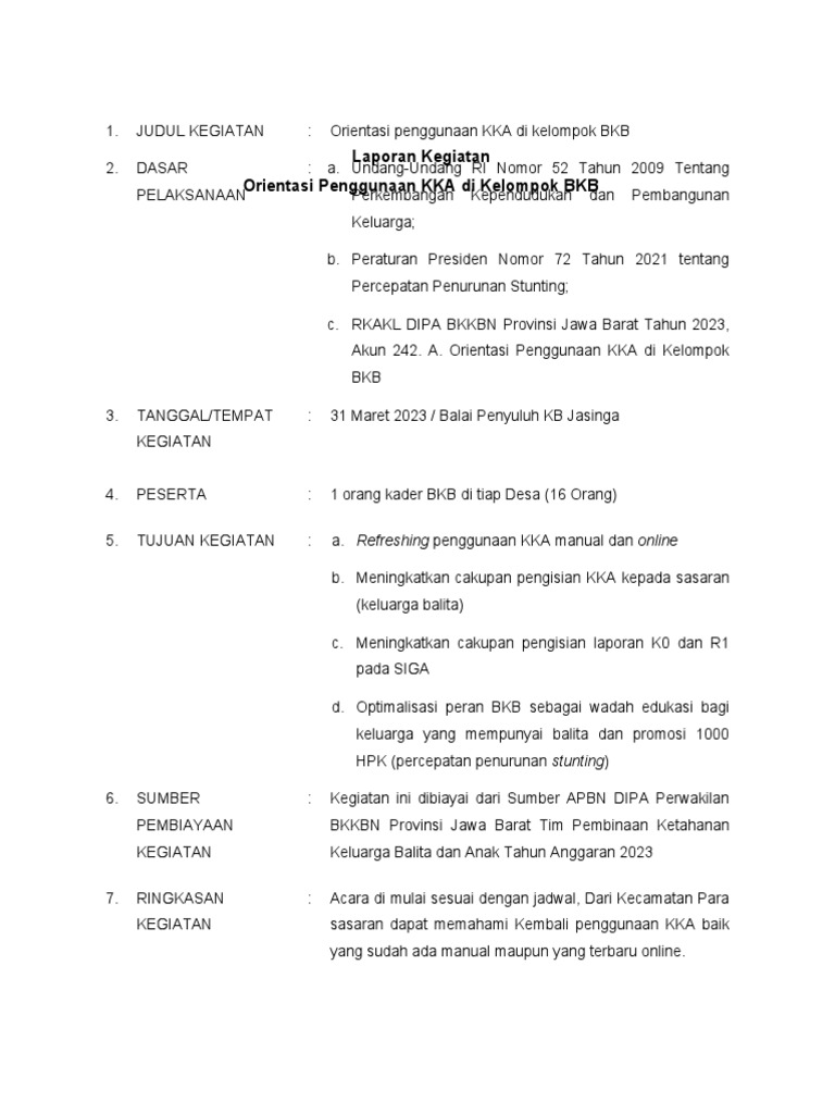 Laporan Kegiatan Orientasi Penggunaan KKA Di Kelompok BKB | PDF