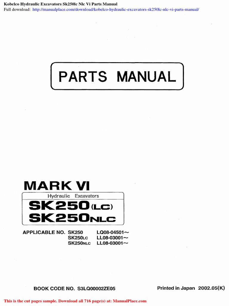 Kobelco Hydraulic Excavators Sk250lc Nlc Vi Parts Manual | PDF