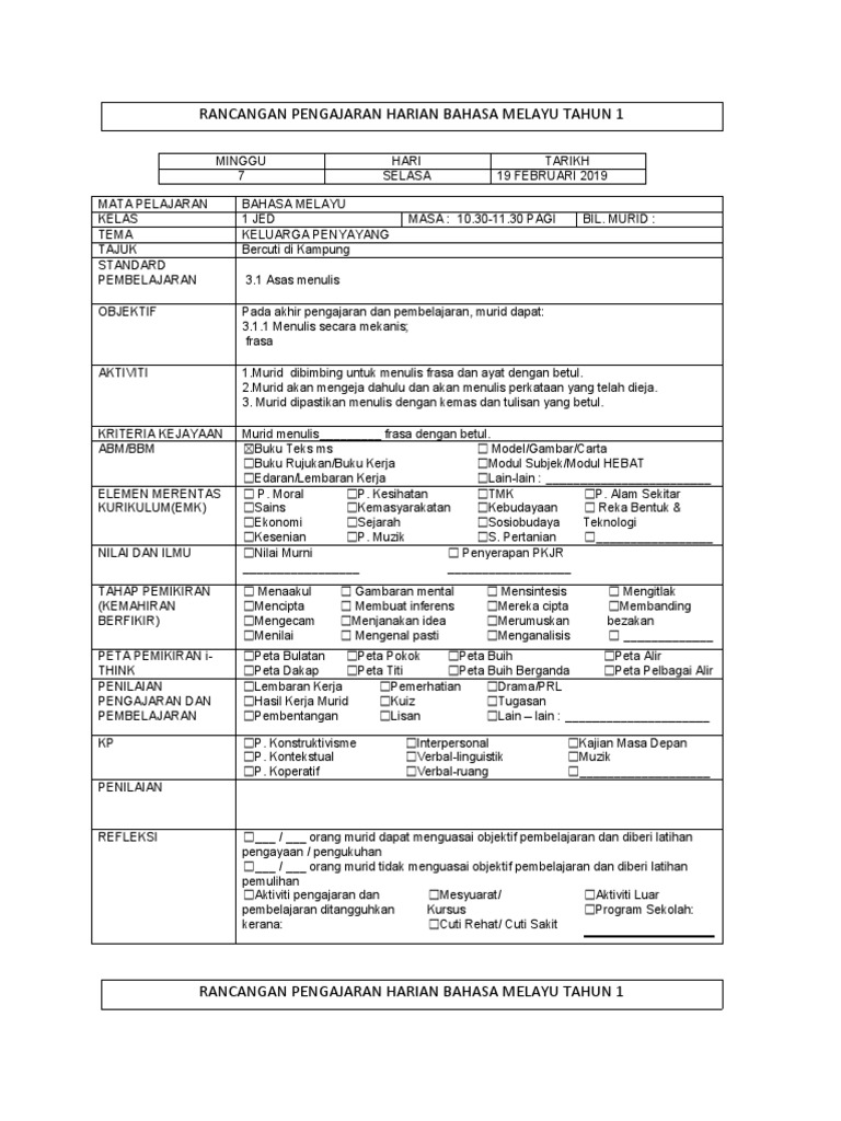 rph bm tahun 1 minggu 7-8 | PDF