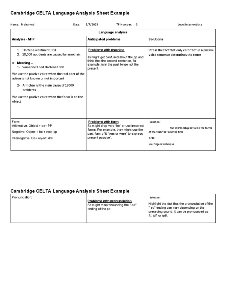 Cambridge CELTA Language Analysis Sheet Example | PDF | Verb | Human ...