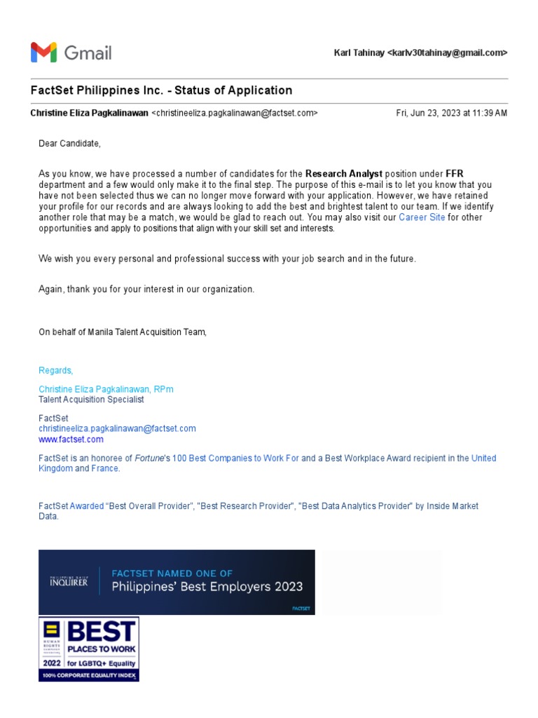 Gmail - FactSet Philippines Inc. - Status of Application | PDF | Finance & Money Management