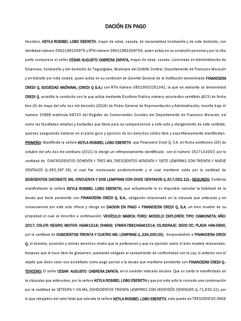 Dacion en Pago Keyla Rosibel Lobo Ebereth | PDF