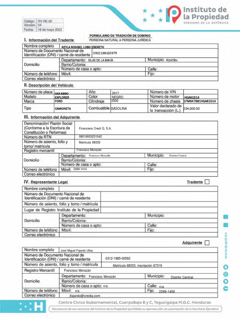 Formulario de Traspaso Rv-Re-02 Keyla Rosibel Lobo Ebereth | PDF
