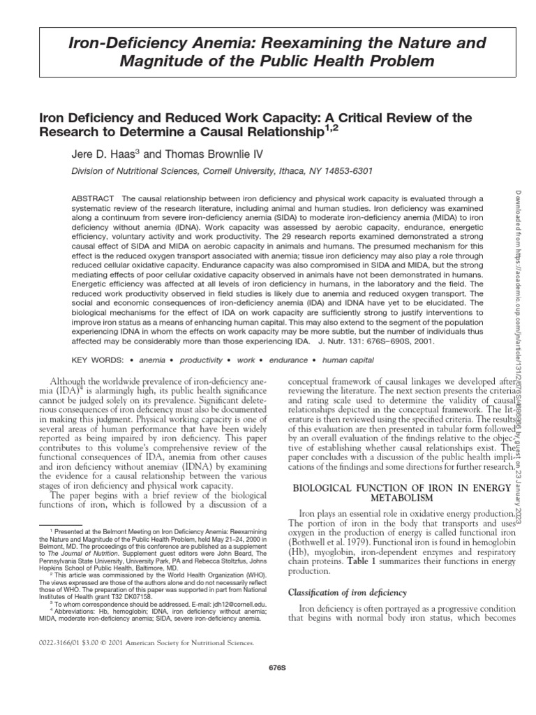 Iron Deficiency and Reduced Work Capacity A Critical Review of The ...