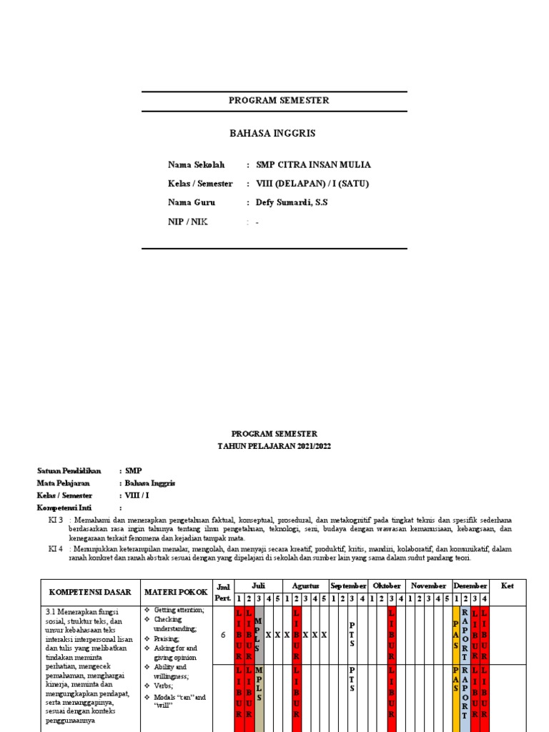 Prosem BHS Inggris Kelas 8 | PDF