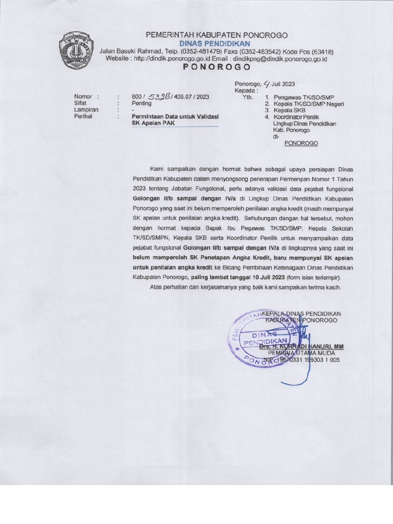 Permintaan Data Untuk Validasi SK Apelan PAK | PDF