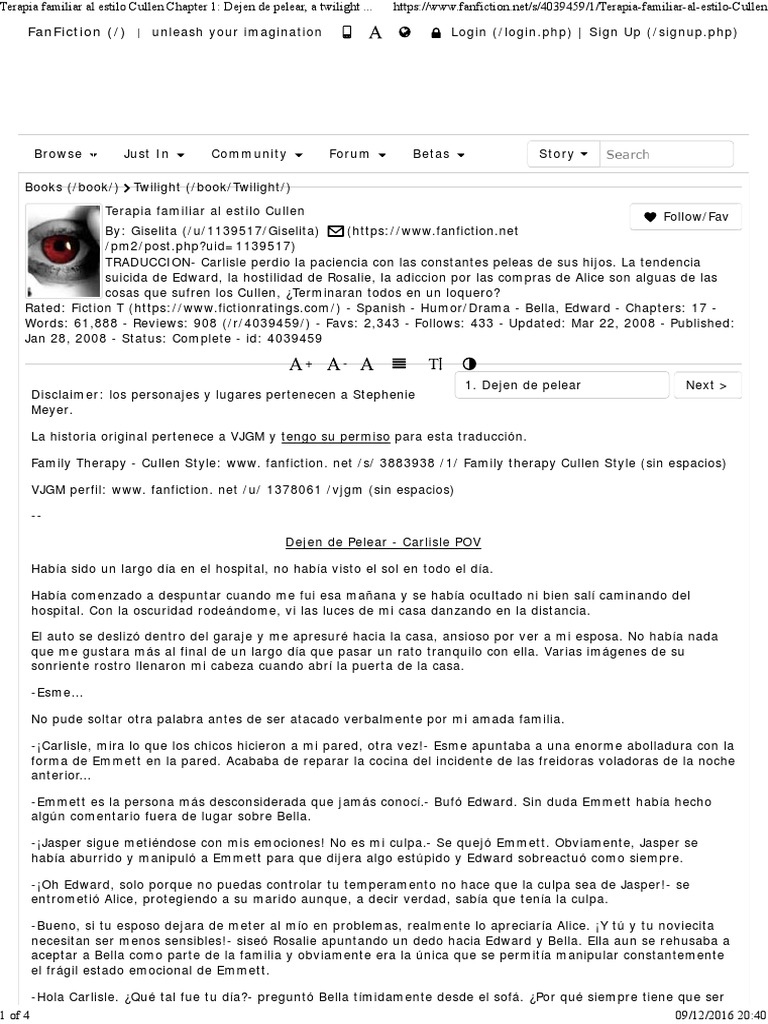 Terapia Familiar Al Estilo Cullen Chapter 1 - Dejen de Pelear, A Twilight Fanfic - FanFiction | PDF