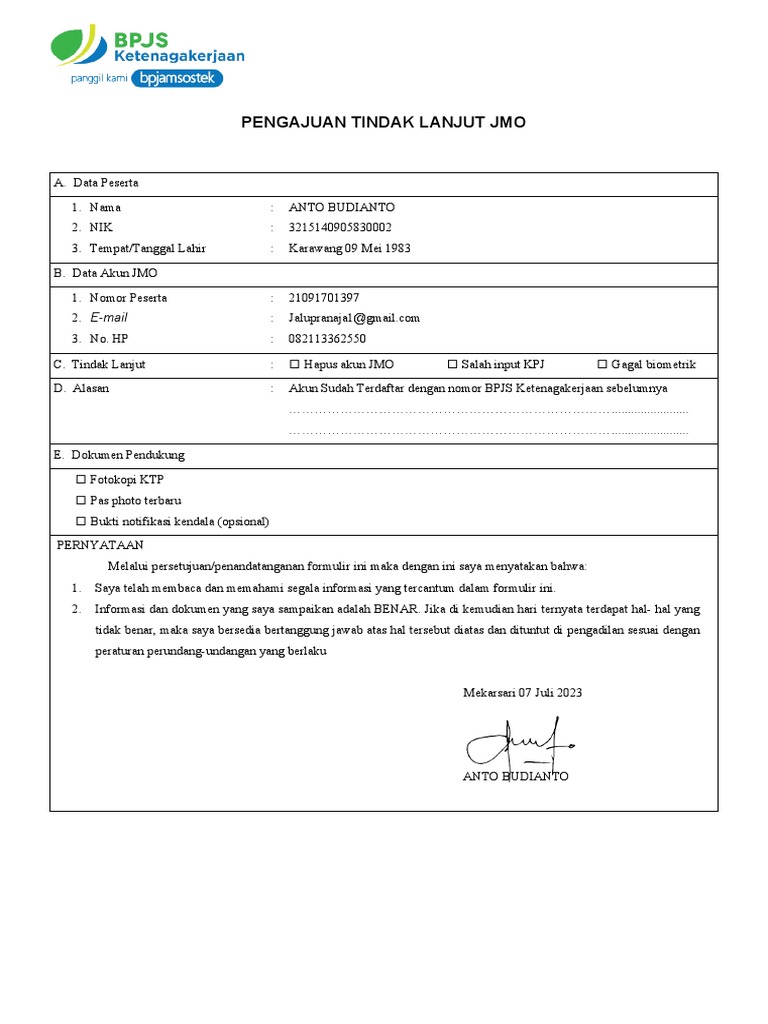 Formulir Pengajuan Tindak Lanjut Jmo | PDF