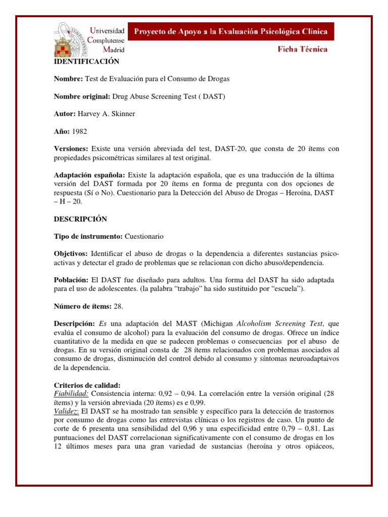 DAST 20 Ficha Tecnica | PDF | La dependencia de sustancias | Heroína