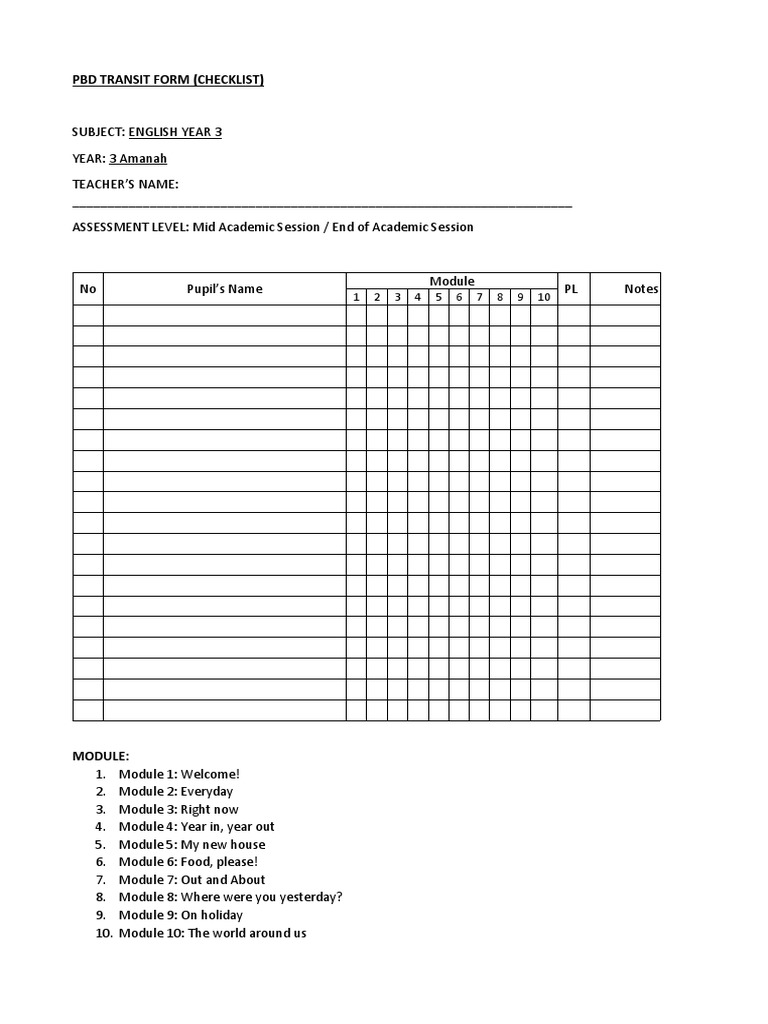 PBD Transit Form - Eng Year 3 (Checklist) | PDF | Learning | Cognition