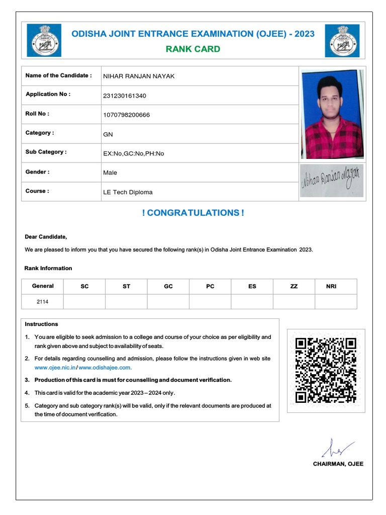 Odisha Joint Entrance Examination (Ojee) - 2023: Rank Card | PDF