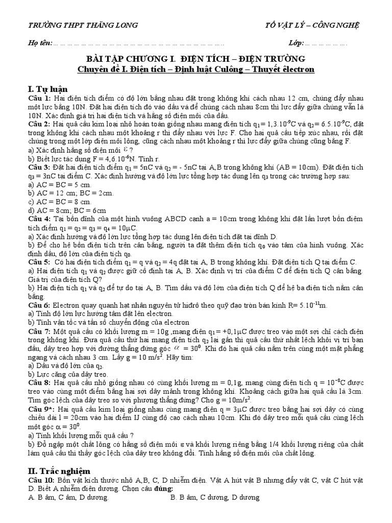 11A BT C1 Điện Tích - Điện Trường (21-22) | PDF