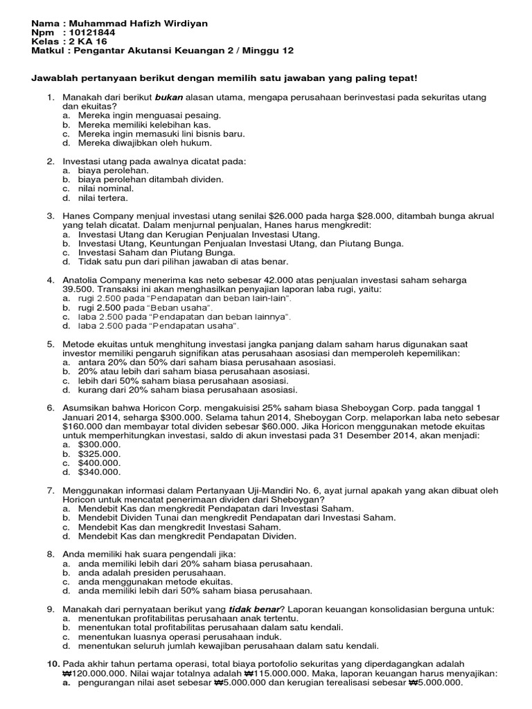 Soal Investasi (VClass) M12 Muhammad Hafizh Wirdiyan 2KA16 10121844 | PDF | Bisnis
