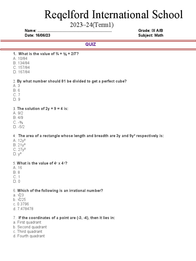 Grade 9 Quiz 16 06 23 Pdf