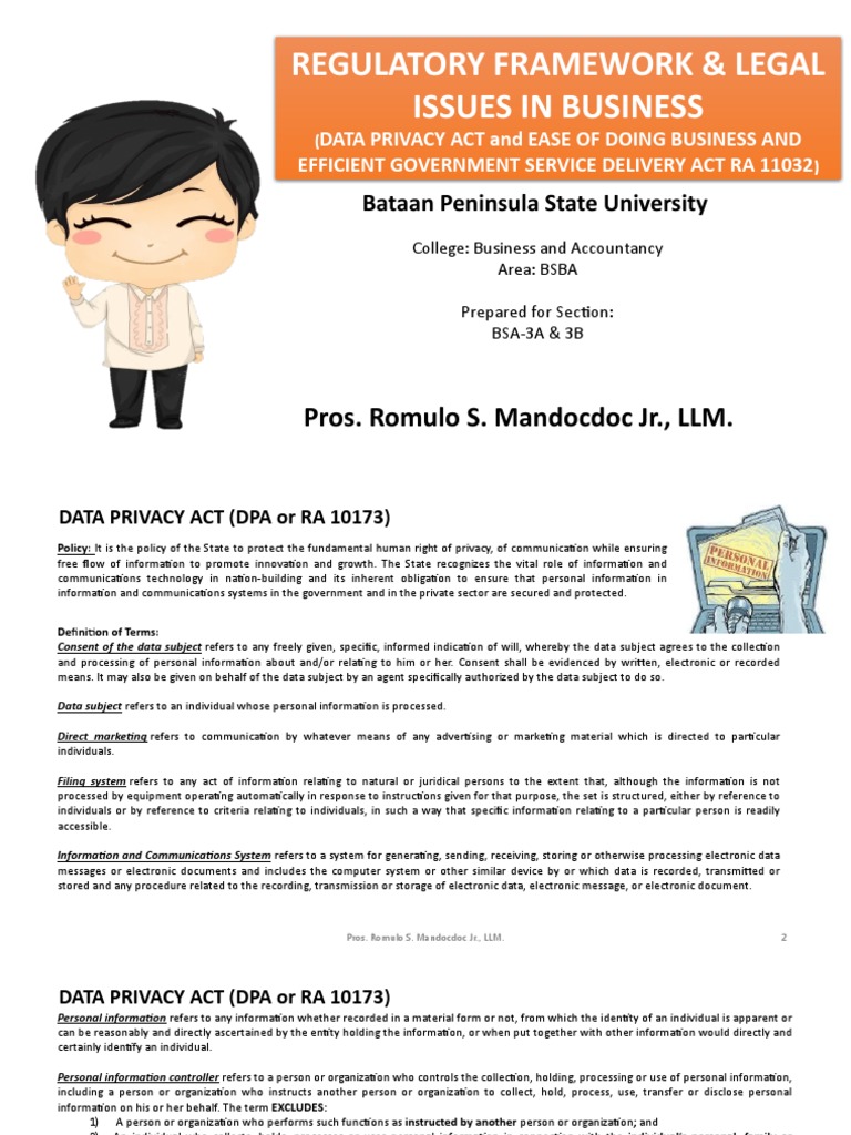 Data Privacy Act and RA 11032 Regulatory Framework Legal Issues in ...