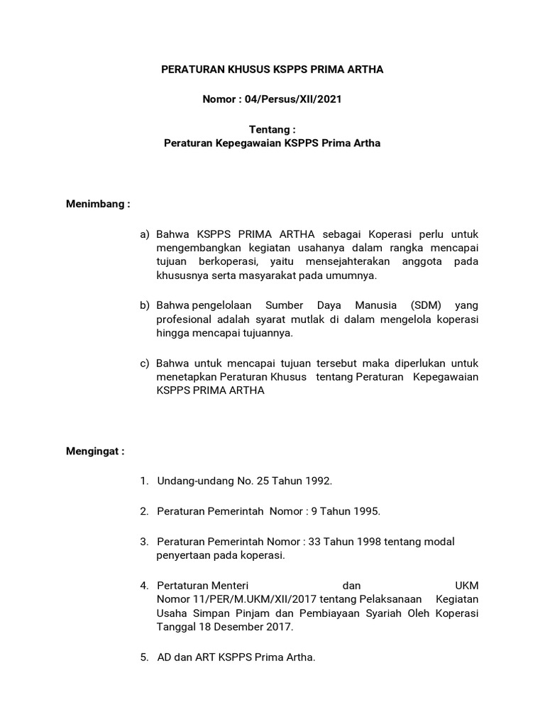 Peraturan Khusus KSPPS Prima Artha | PDF | Karier & Perkembangan | Pengelolaan Keuangan & Uang