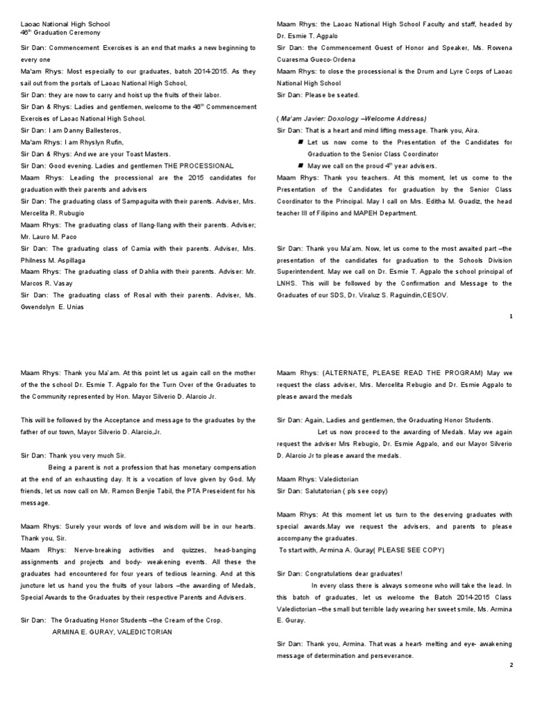 Graduation Ceremonry Script 2015 | PDF