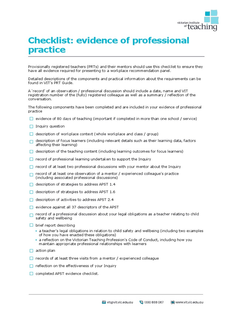 Document Evidence of Professional Practice Checklist | PDF