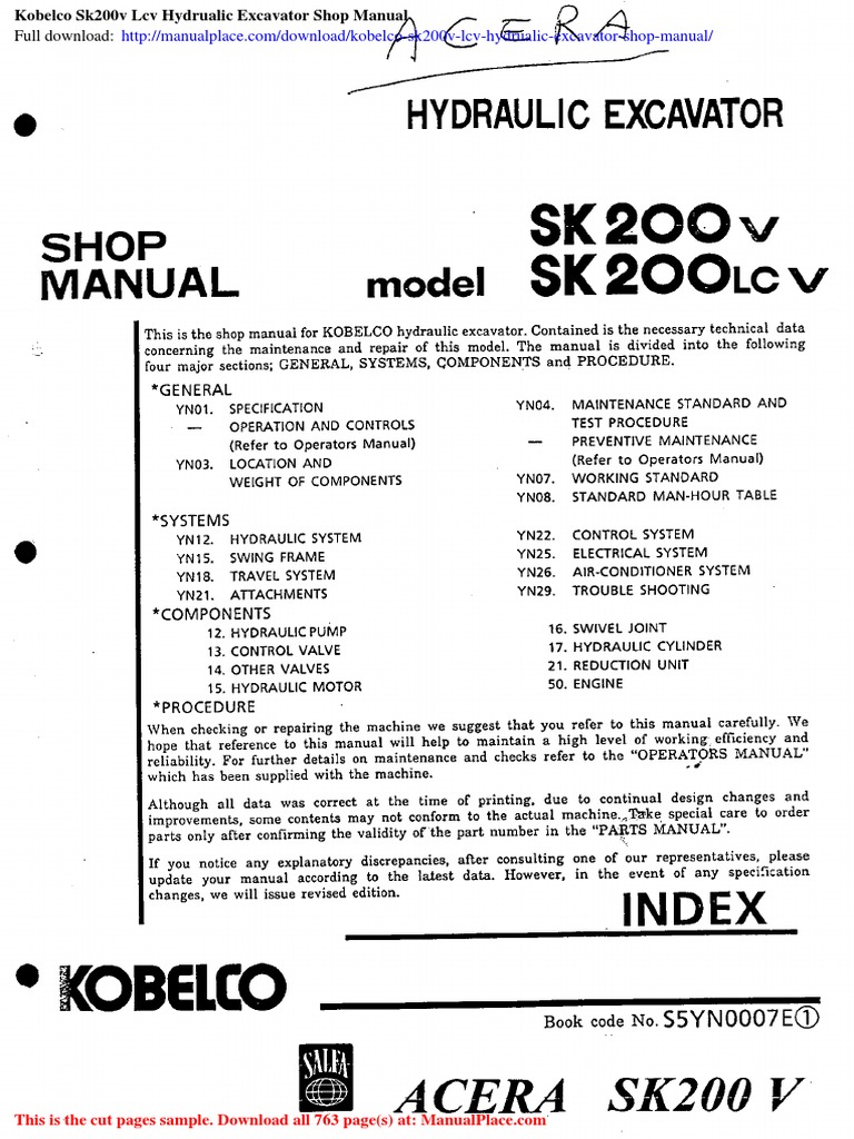 Kobelco Sk200v Lcv Hydrualic Excavator Shop Manual | PDF