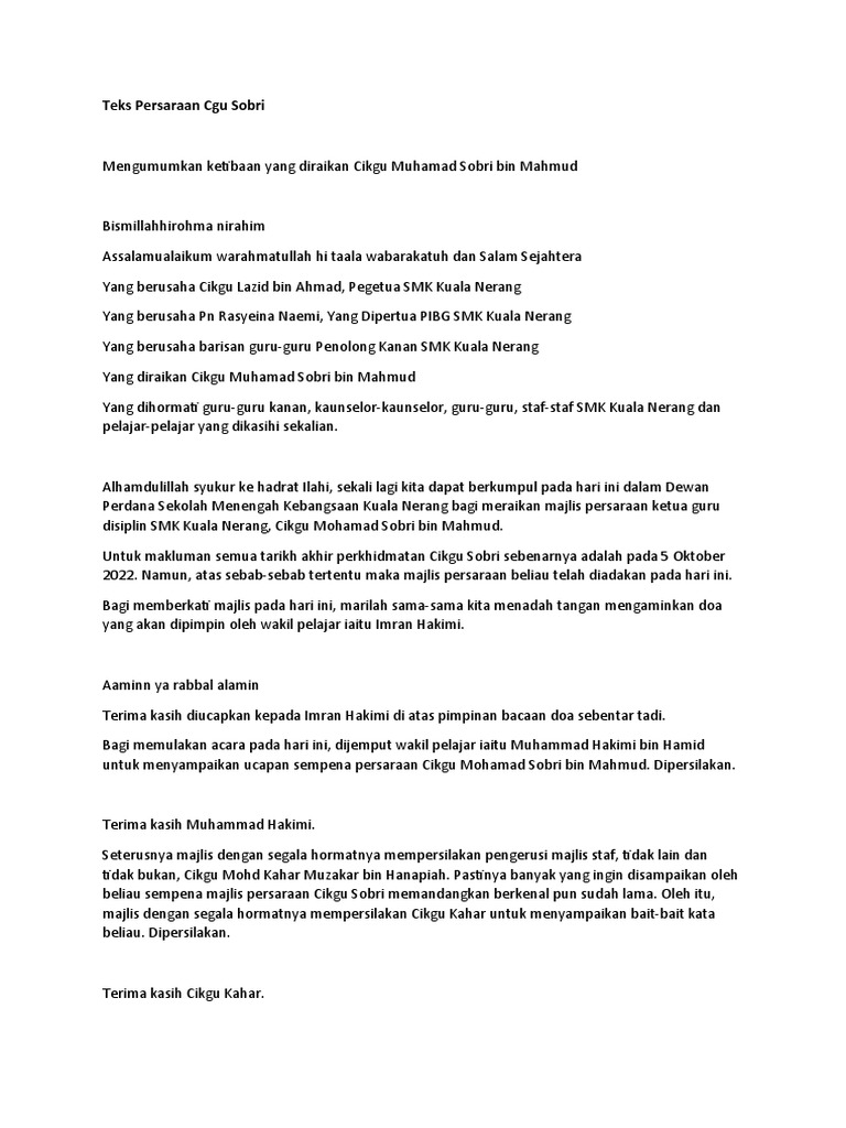Teks Persaraan Cgu Sobri 2022 | PDF