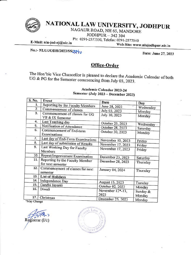 Academic Calendar (Summer Semester 2023-24) | PDF