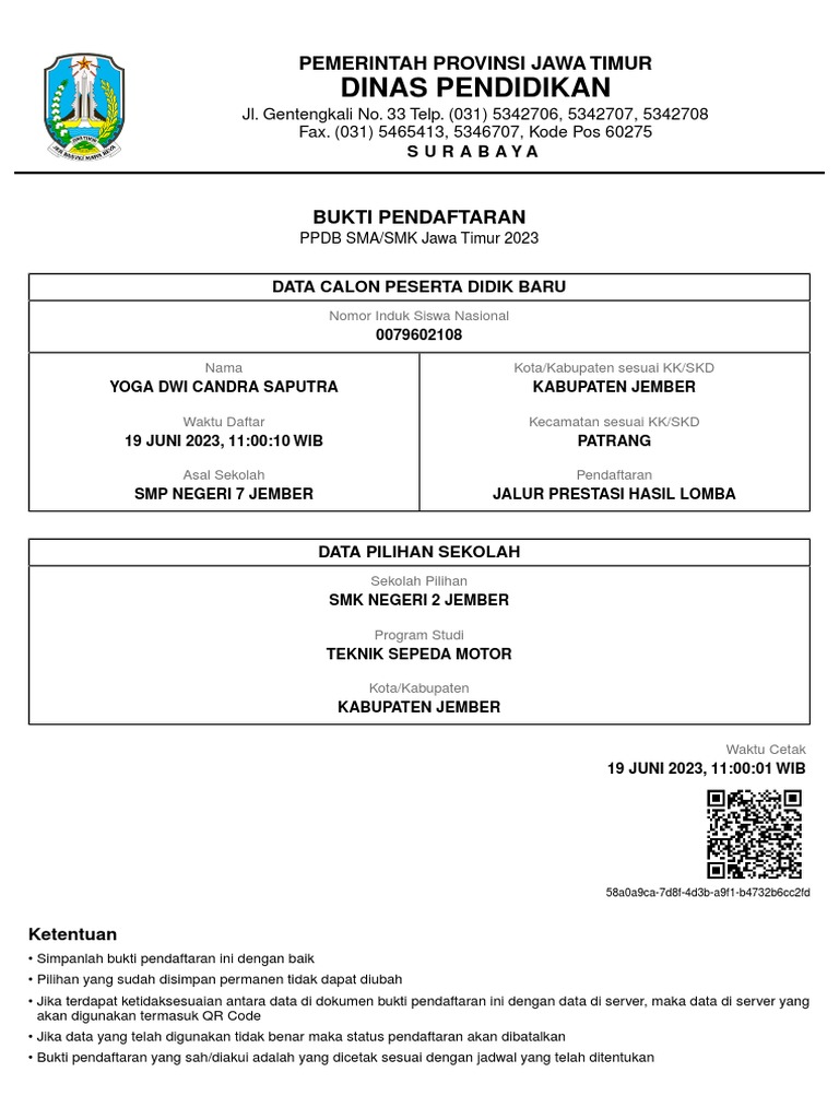 Bukti Pendaftaran Jalur Prestasi Hasil Lomba PPDB Jawa Timur 2023 (3) | PDF