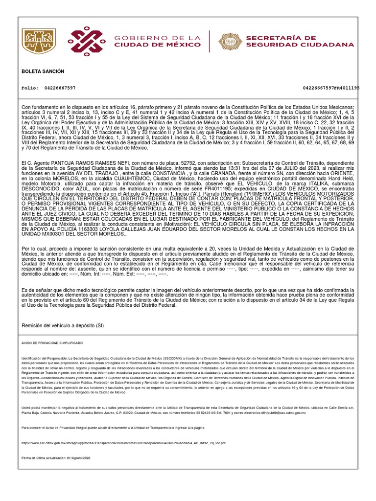 Boleta Sanción - 2023-07-07T133508.329 | PDF | Ciudad de México | Privacidad de la información