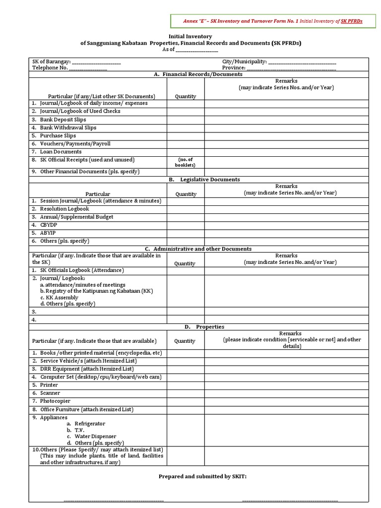 Annex E Initial Inventory of SK PFRDs SK Inventory and Turnover Form No ...