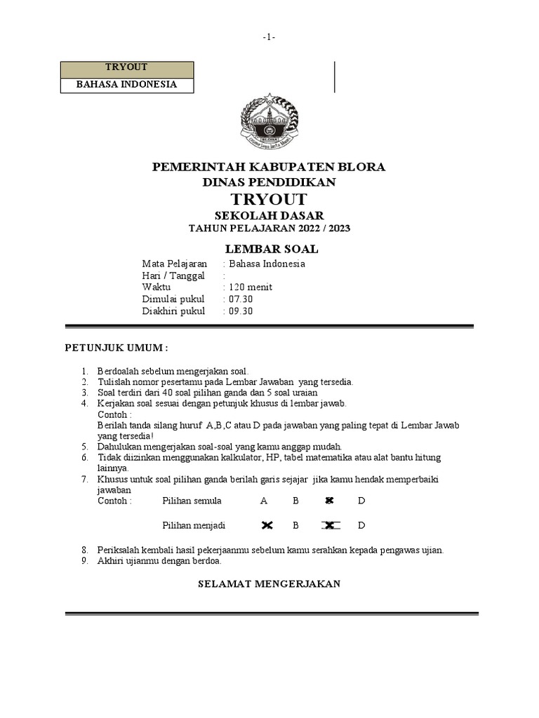 1.naskah Soal Tryout B Indonesia 2023 (SD Masehi Sion) FIX | PDF