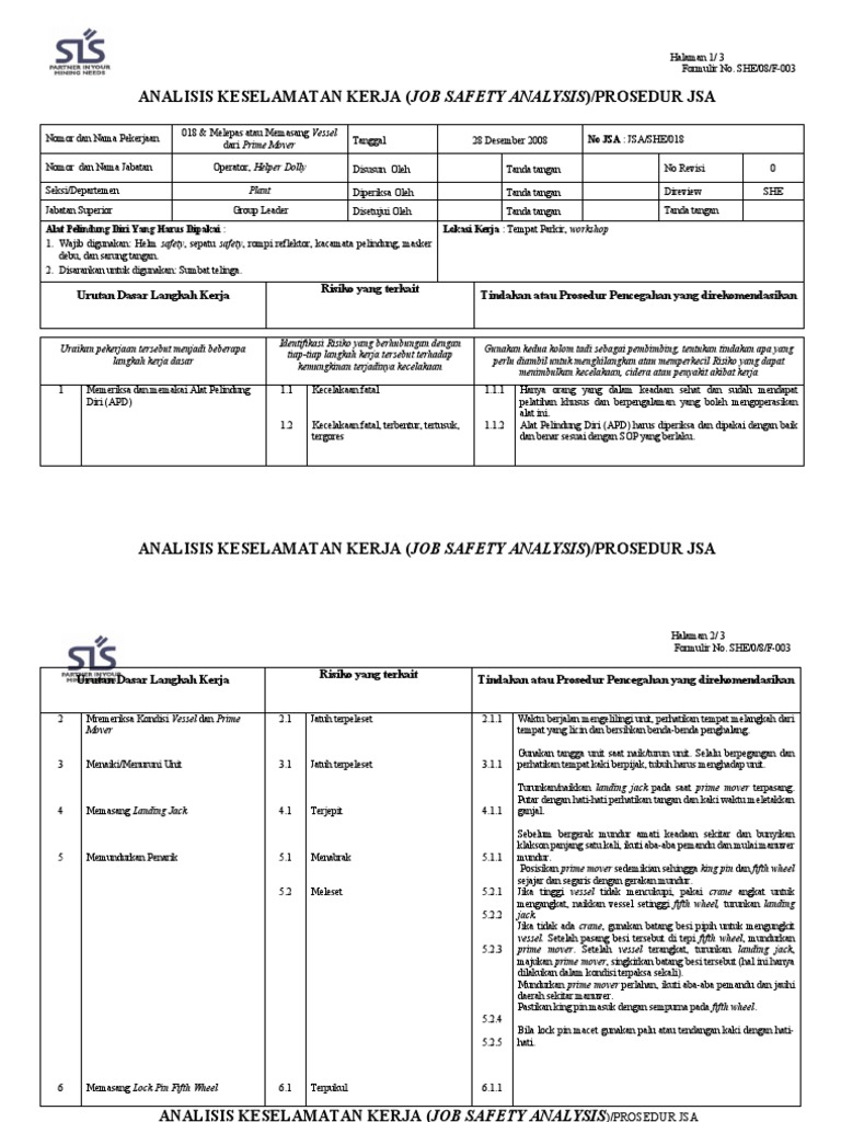 18. JSA Melepas atau Memasang Vessel dari Prime Mover | PDF