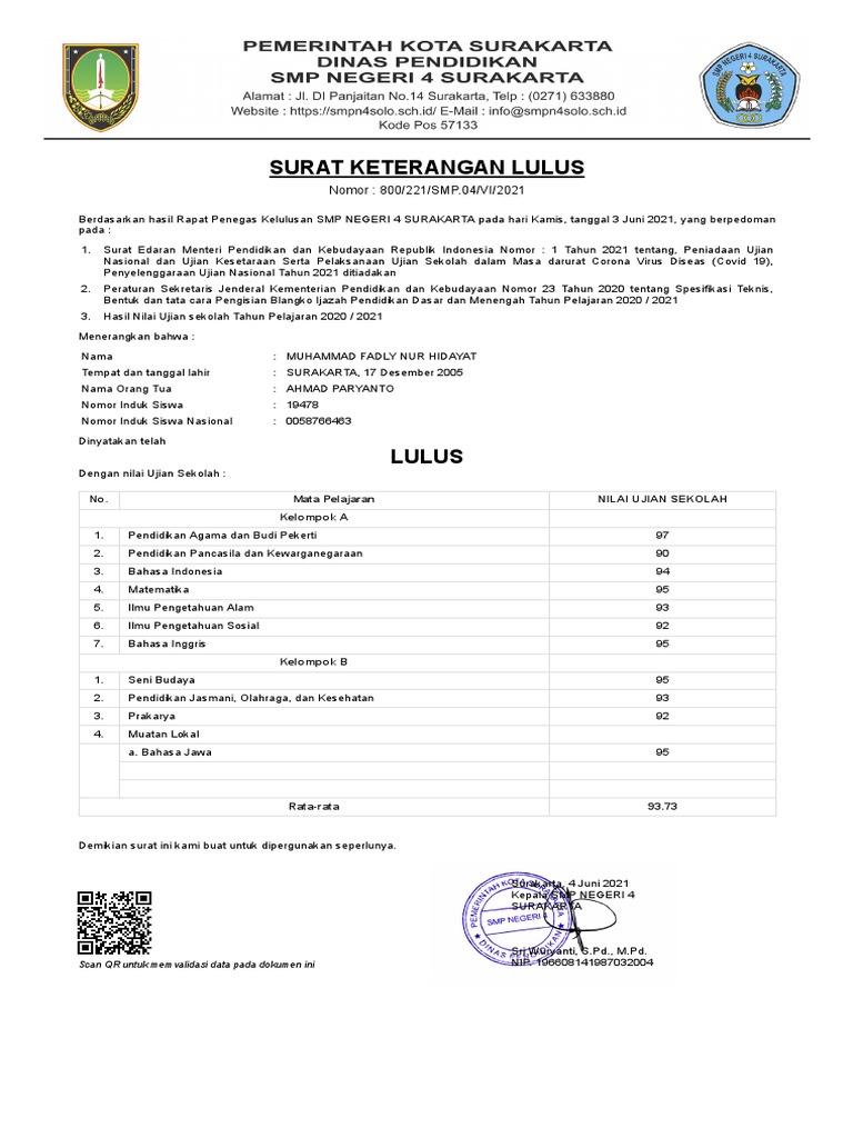 Surat Keterangan Lulus SMP 2021 | PDF