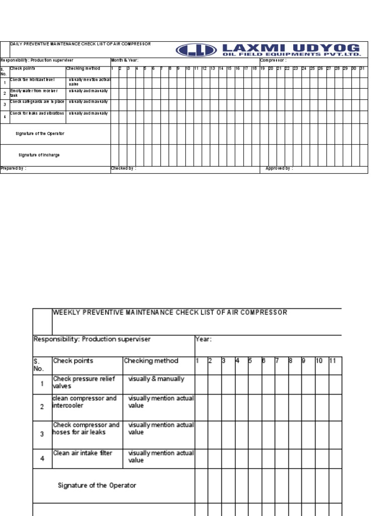 Air Compressor Preventive Maintenance Checklist | PDF | Energy ...