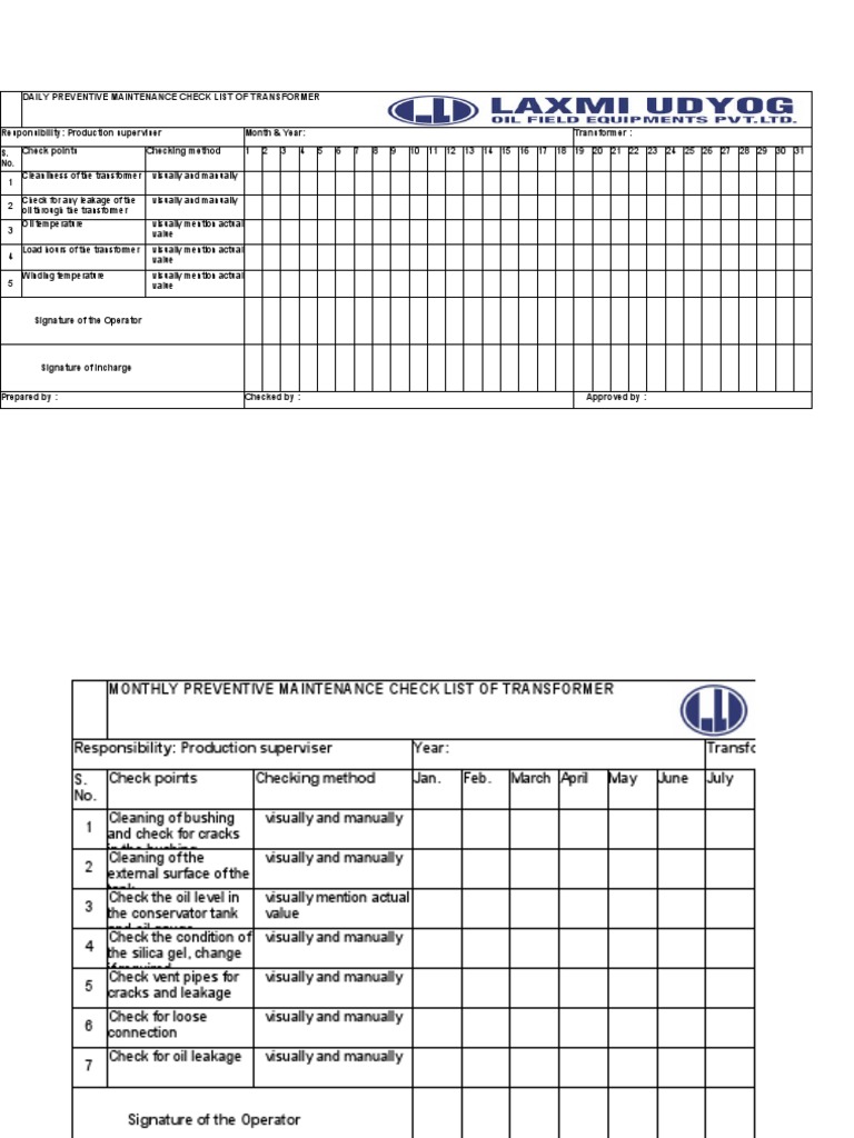Daily Transformer Maintenance Checklist | PDF | Transformer ...
