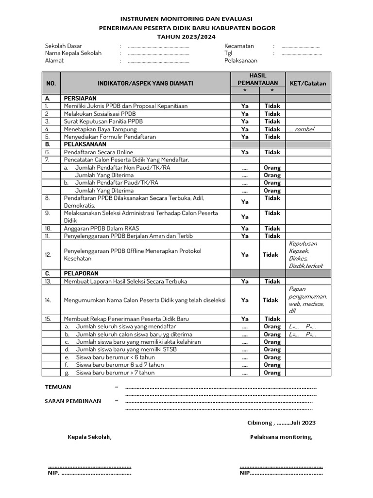 Instrumen Monev PPDB SD 2023 | PDF