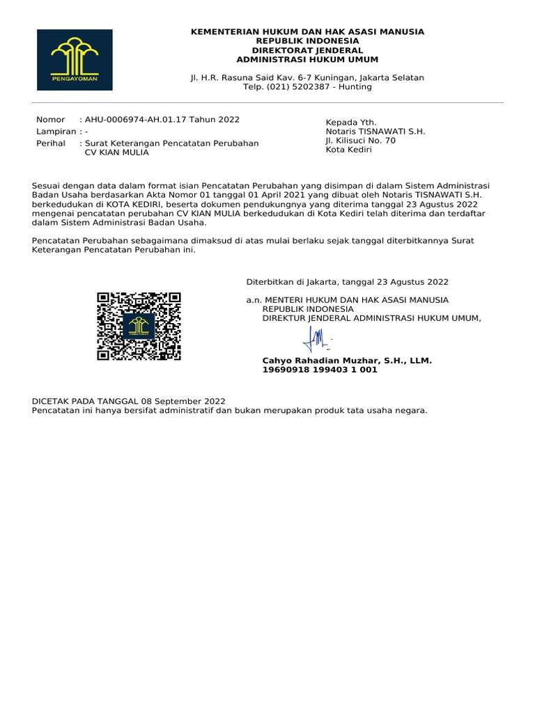 2022.SK Perubahan Anggaran Dasar | PDF